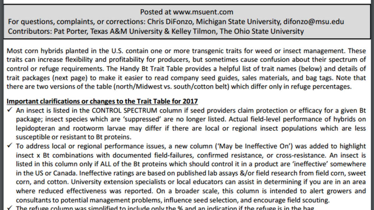 Handy Bt Trait Table Revised for 2017 | CropWatch | Nebraska