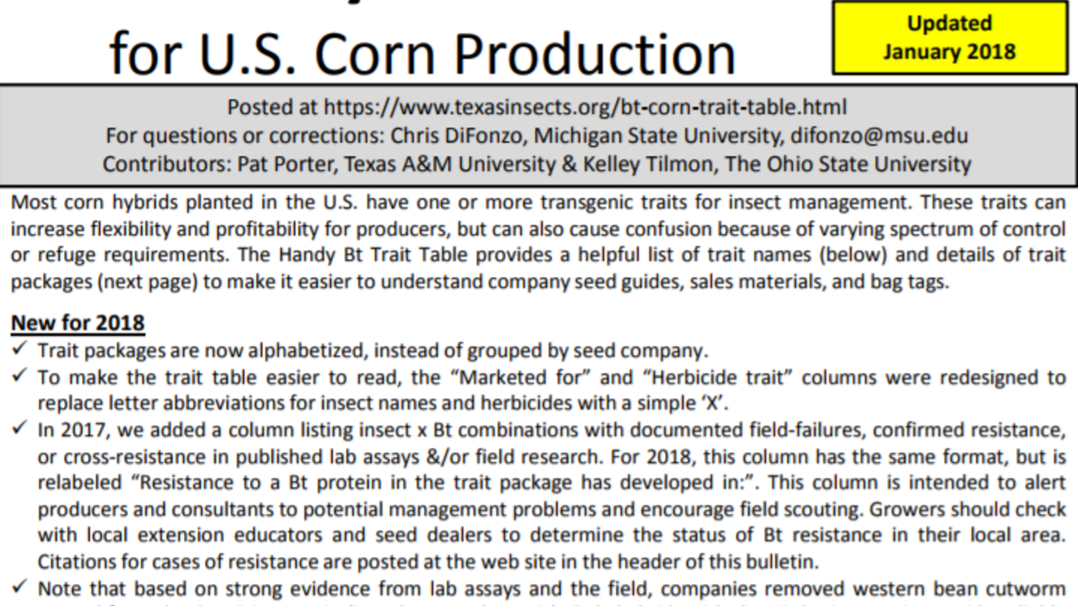 Handy Bt Trait Table Updated for 2018 Corn | CropWatch | Nebraska